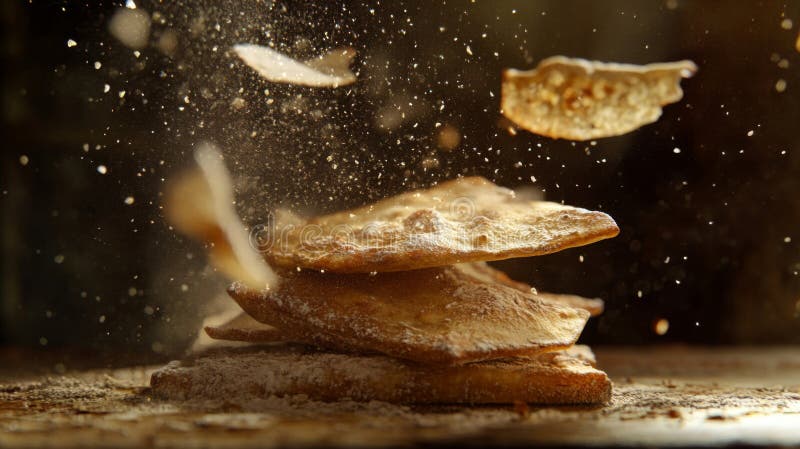 Golden Brown Pastries with Sugar Powder Flying Stock Illustration ...