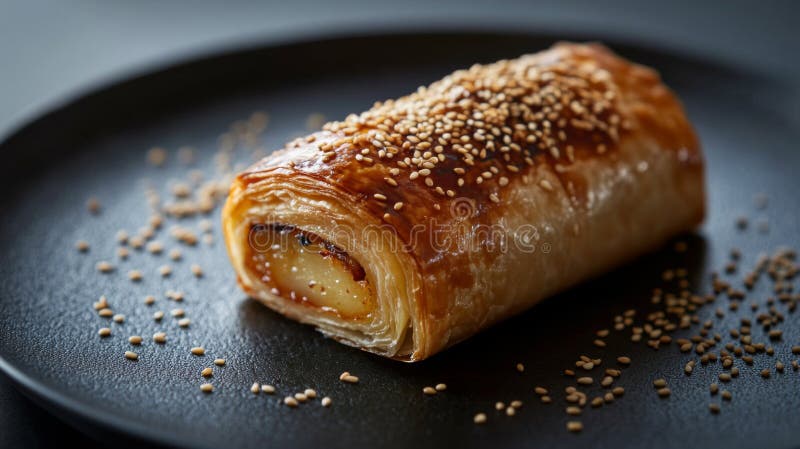 Golden Brown Pastry with Sesame Seeds on Dark Plate Stock Illustration ...