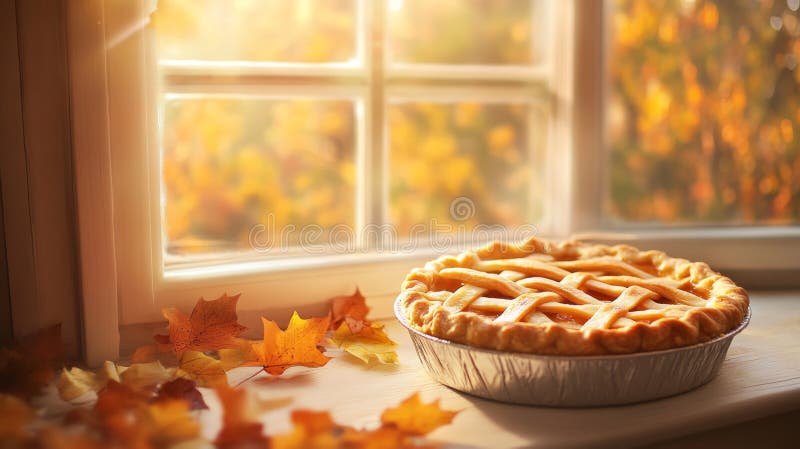 A Golden-Brown Pie on a Window Sill with Fall Leaves Stock Illustration ...