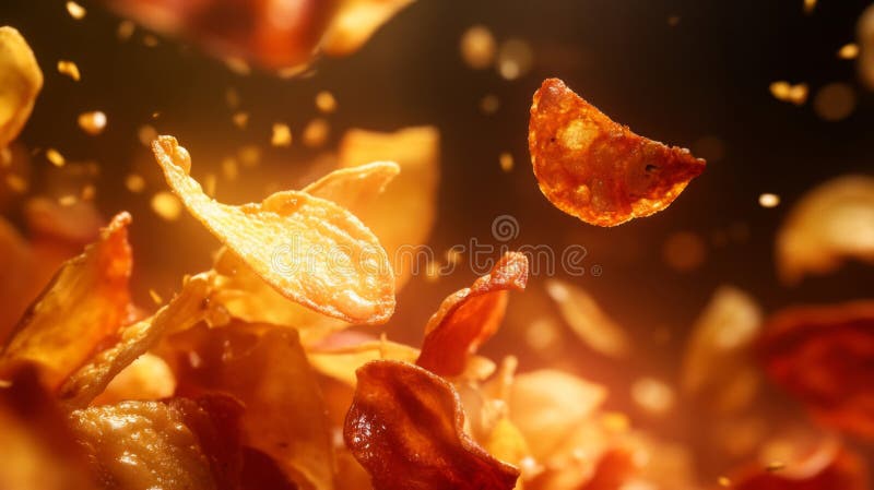 Golden Brown Potato Chips Falling on Dark Background Stock Illustration ...
