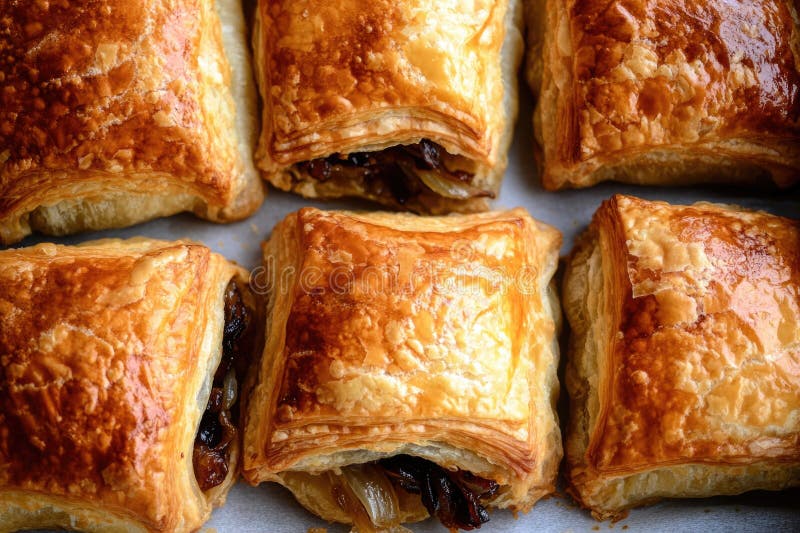 Golden Brown Puff Pastries Filled with Caramelized Onions on Baking ...