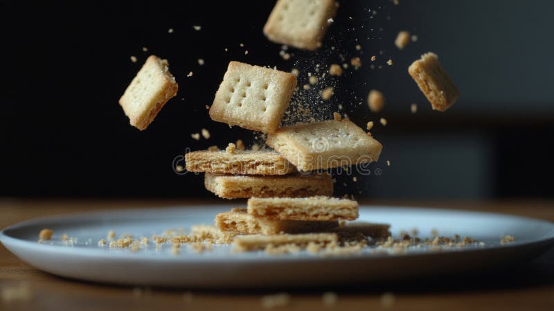 Golden Brown Square Cookies Falling on Plate Stock Illustration ...