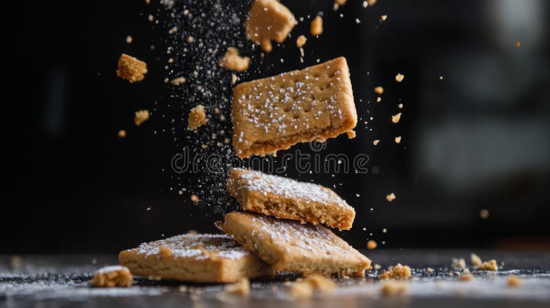 Golden Brown Sugar Cookies Falling on Dark Background Stock ...