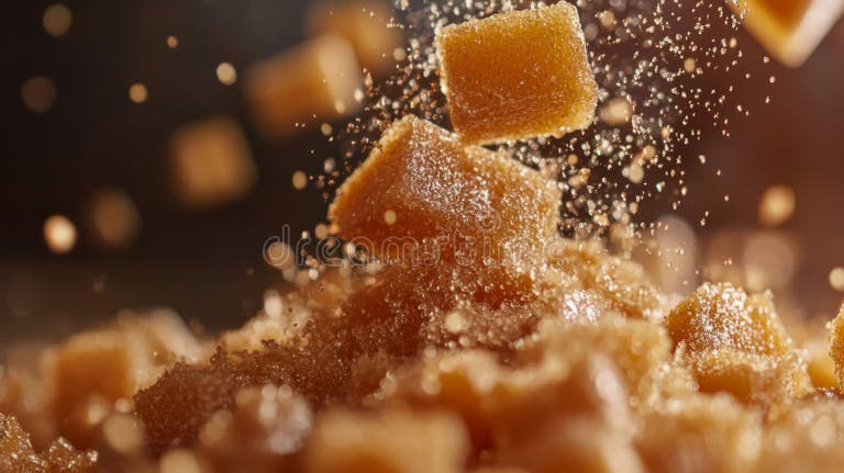 Golden Brown Sugar Cubes Falling on Dark Background Stock Illustration ...