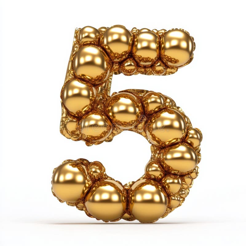 Golden Bubble Number 5 on White Background with Reflections and ...