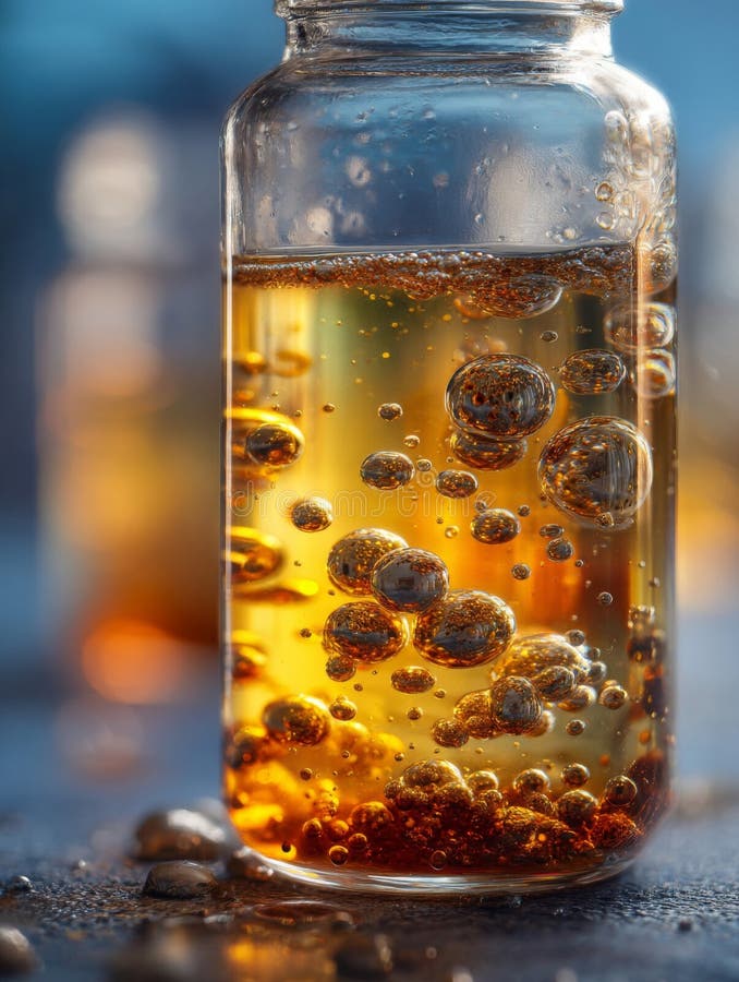 Golden Bubbles in Amber Liquid Glass Jar Stock Illustration ...