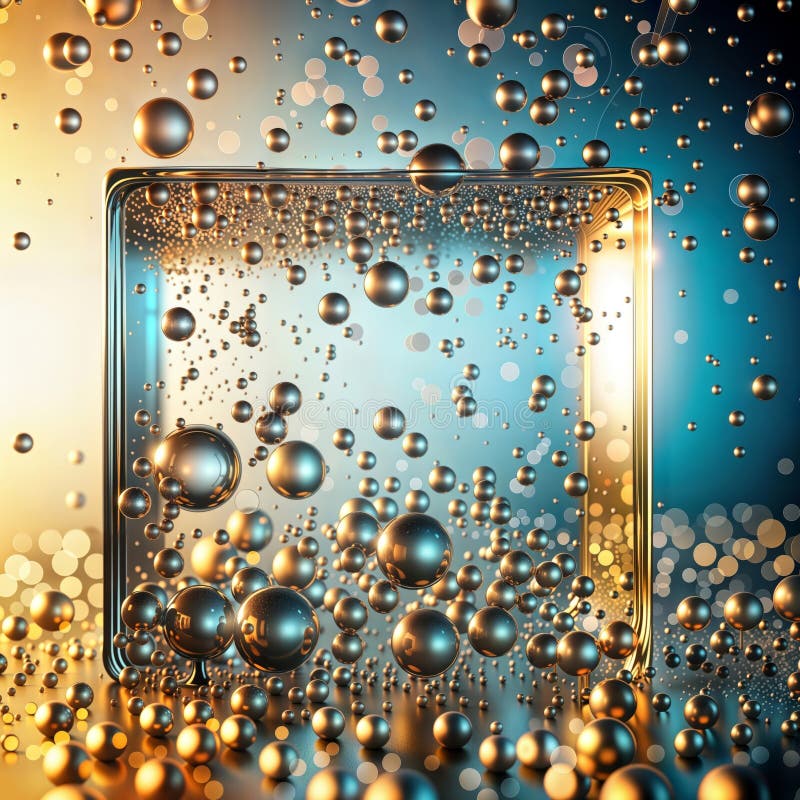 Golden Bubbles Floating in Blue with Central Glass Prism, Generative Ai Stock Illustration ...