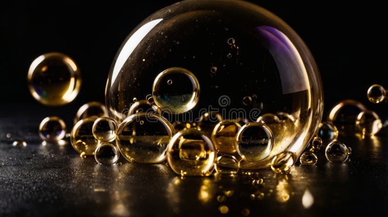 Golden Bubbles Floating Around Large Transparent Bubble on Black ...