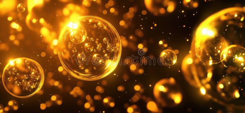 Golden Bubbles Floating in a Dark Background with Sparkling Light ...