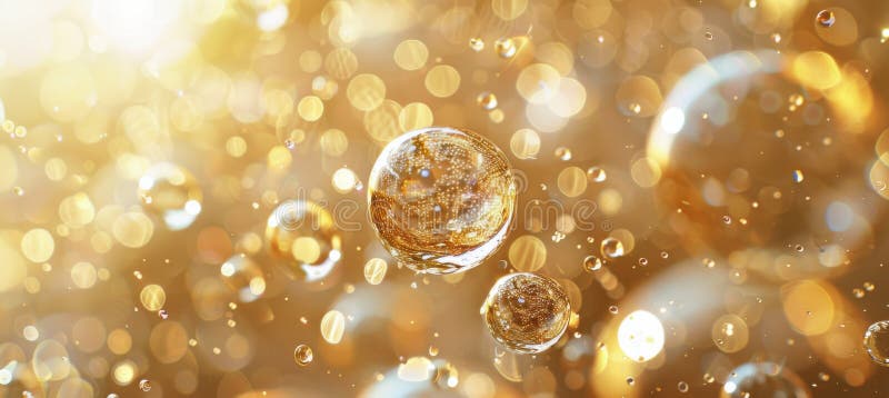 Golden Bubbles Floating in Liquid with Light Shimmering through Stock ...