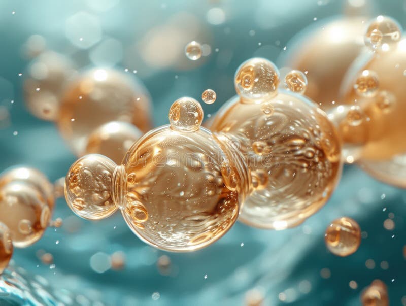 Golden Bubbles Floating in a Turquoise Liquid Background Stock Image ...