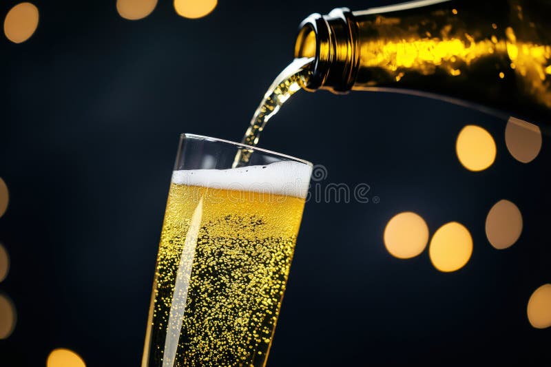 Golden Bubbles of Sparkling Beer in a Glass with Bokeh Background Stock ...