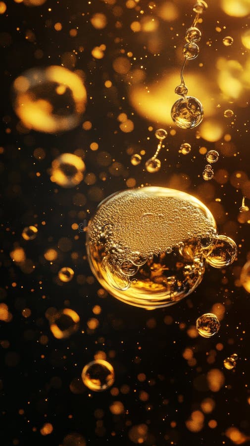 Golden Bubbles Suspended in Liquid, Abstract Background. Scientific and ...