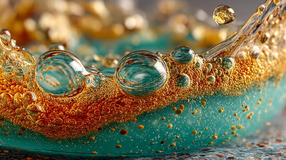 Golden Bubbles and Turquoise Liquid Create a Sparkling, Dynamic Splash ...