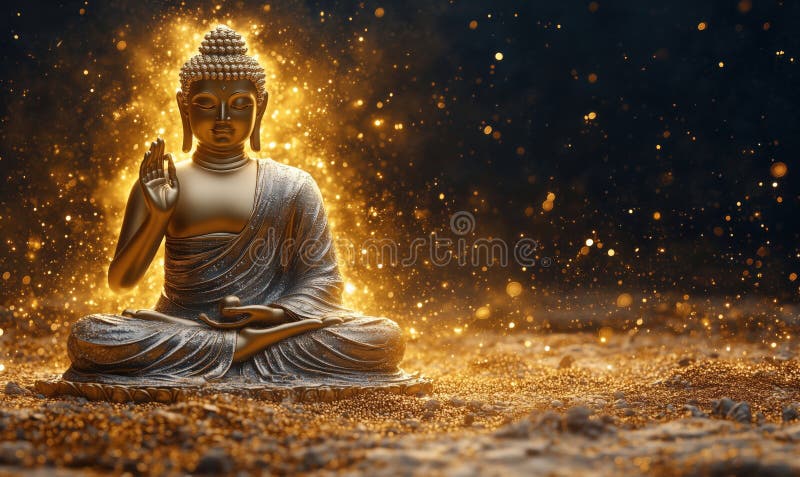 Golden Buddha Statue Radiating Light Serenity Mystical Setting Stock ...