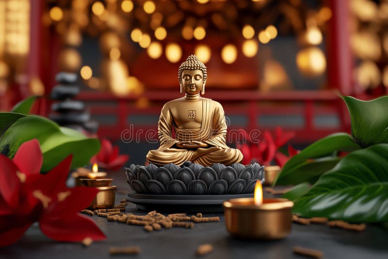 A Golden Buddha Statue Sits on a Lotus Base Surrounded by Candles ...