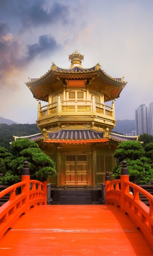 Golden Buddhism Tower with Red Bridge Stock Image - Image of landmark ...