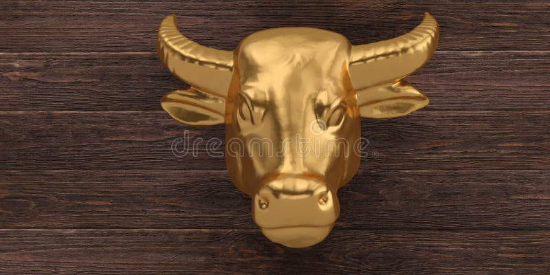 Golden Buffalo Head on Wood Board, 3D Render. 3D Illustration Stock ...