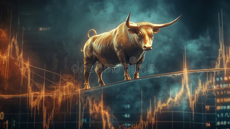 Golden Bull Balances on a Tightrope Above Financial Data Market Graphs ...