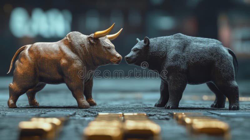 Golden Bull and Black Bear Statues on Dark Background Stock ...