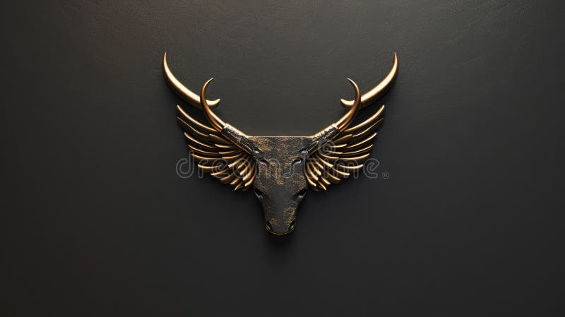 A Golden Bull S Head with Wings Attached To a Dark Black Surface Stock ...