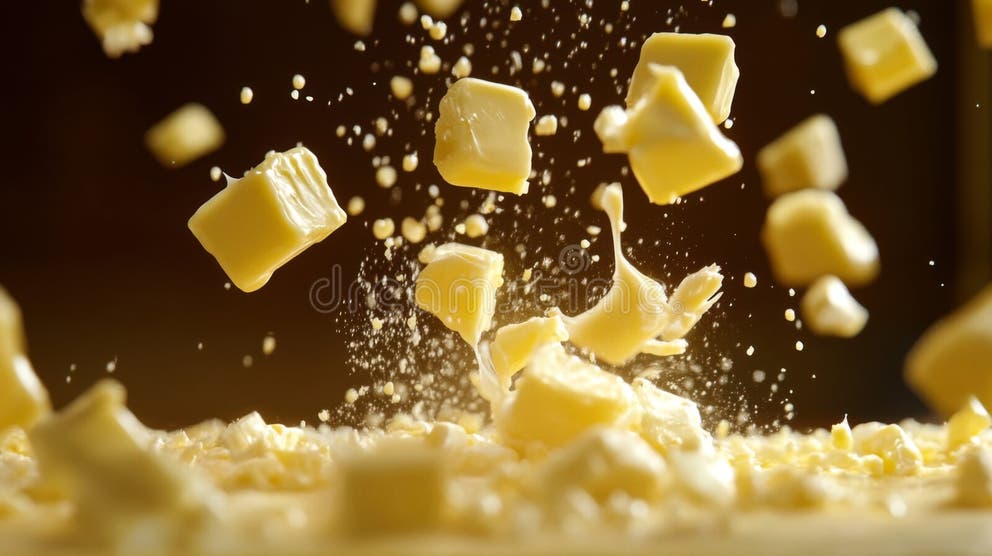 Golden Butter Cubes Falling on Dark Background Stock Illustration ...