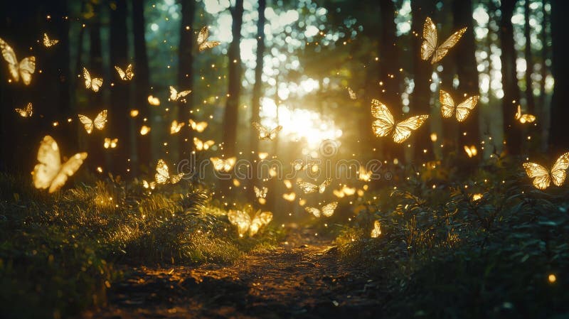 Golden Butterflies Flutter in the Forest during Sunset Stock ...