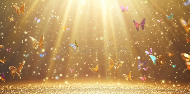 Golden Butterflies Fluttering Around a Shining Light Orb Stock Photo ...