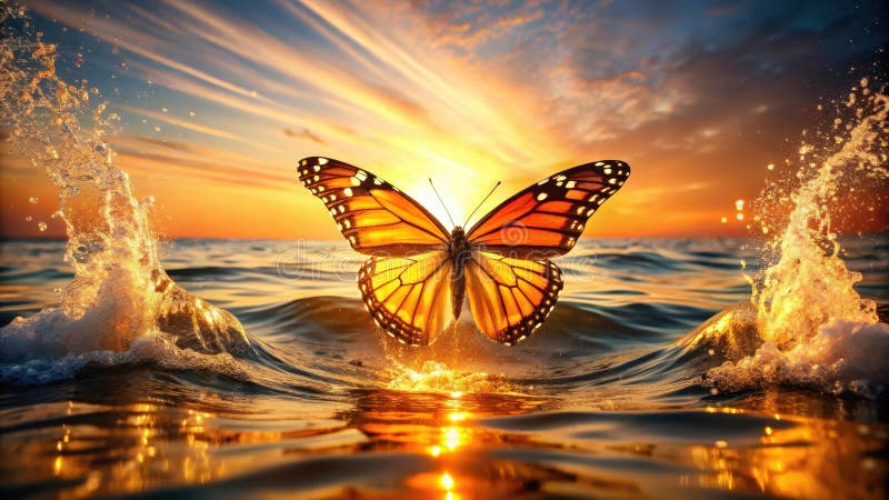 Golden Butterfly Emerging from Ocean Waves at Sunset. Generative AI ...