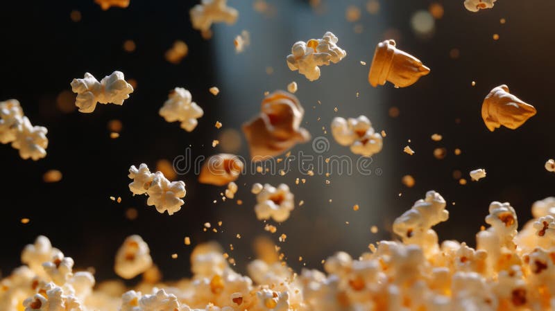 Golden Buttery Popcorn Kernels Flying Against Dark Background Stock ...