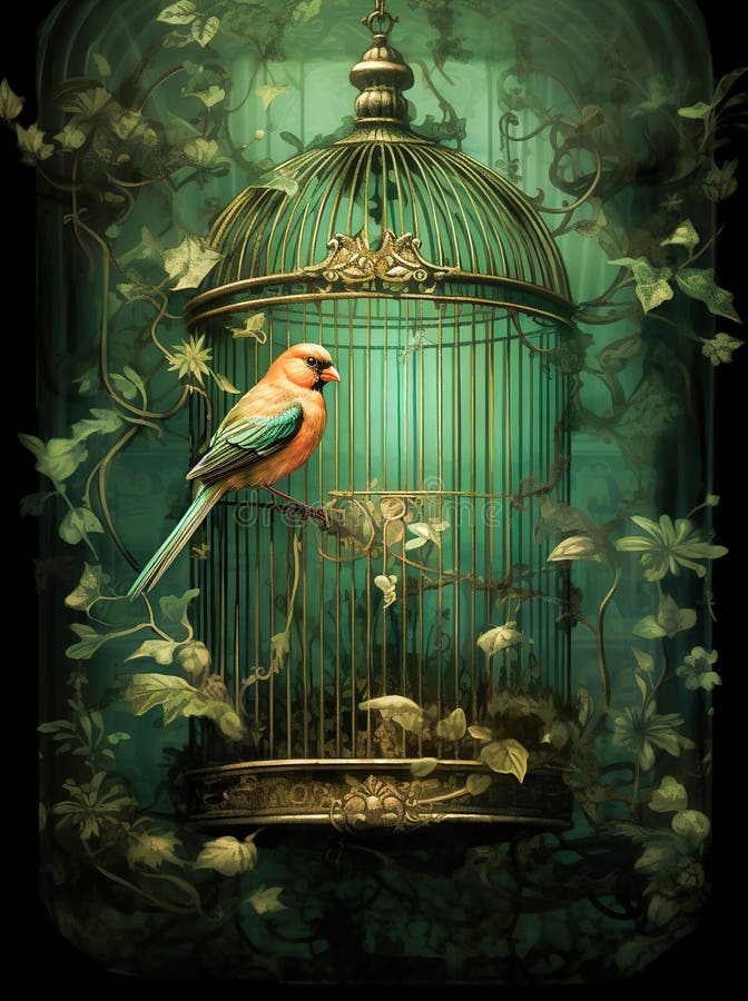 Generative AI: Golden Cage with Birds in a Fantasy Environment Stock ...