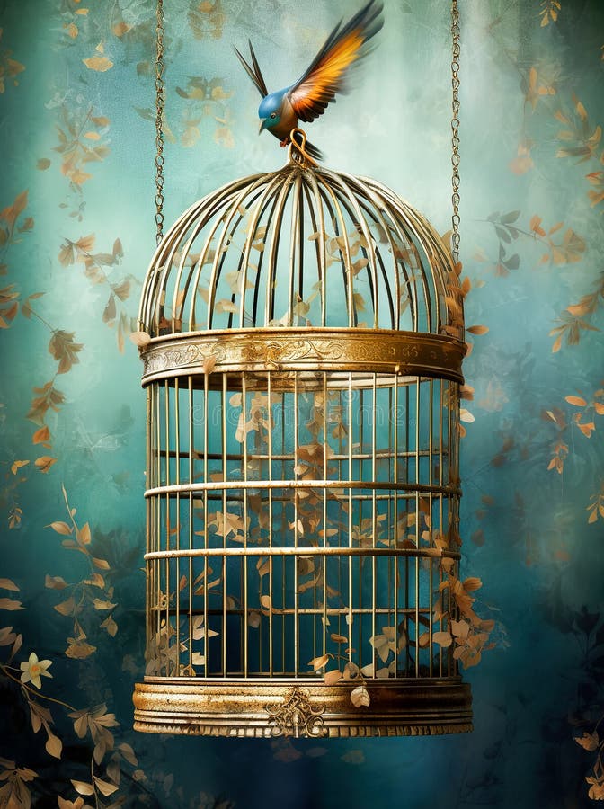 Generative AI: Golden Cage with Birds in a Fantasy Environment Stock ...