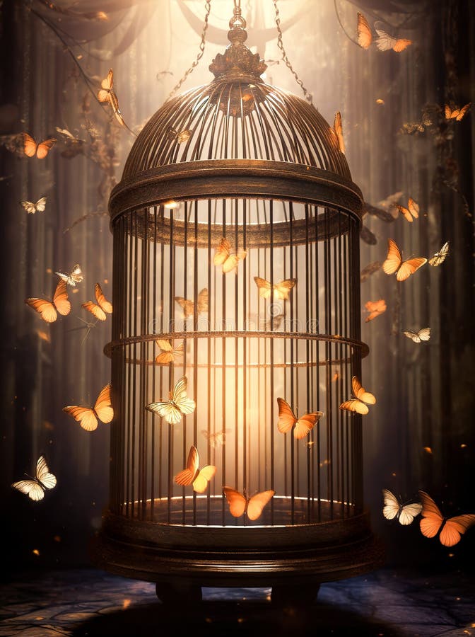 Generative AI: Golden Cage with Butterfly in a Fantasy Environment ...