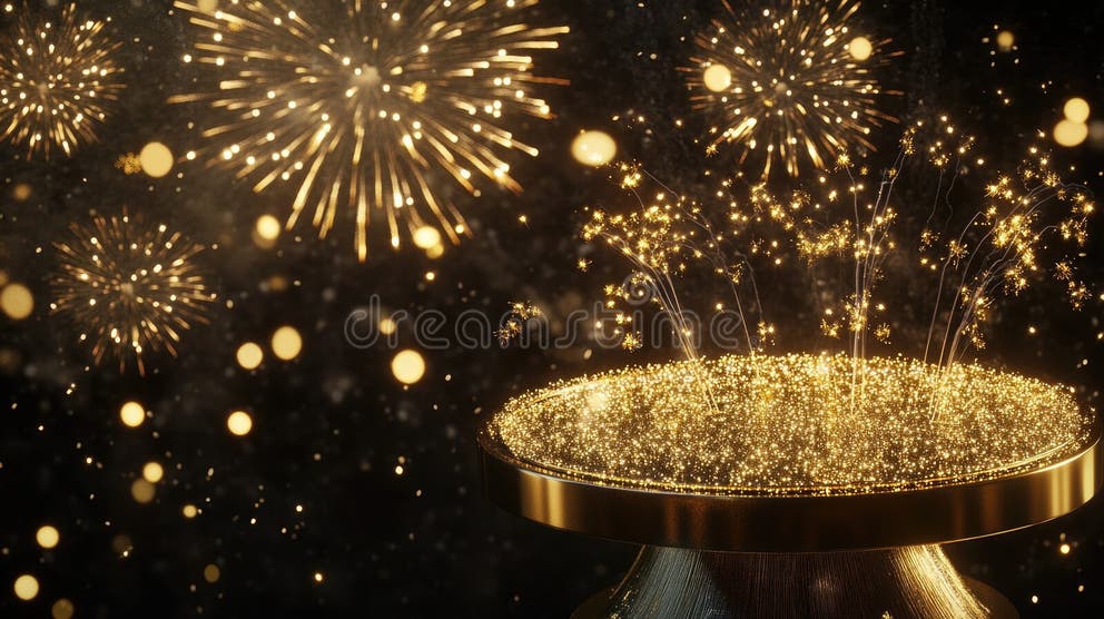 A Golden Cake with Colorful Fireworks Exploding in the Night Sky Stock ...