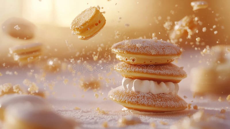 Golden Cakes with Whipped Cream in Dynamic Motion Stock Illustration ...