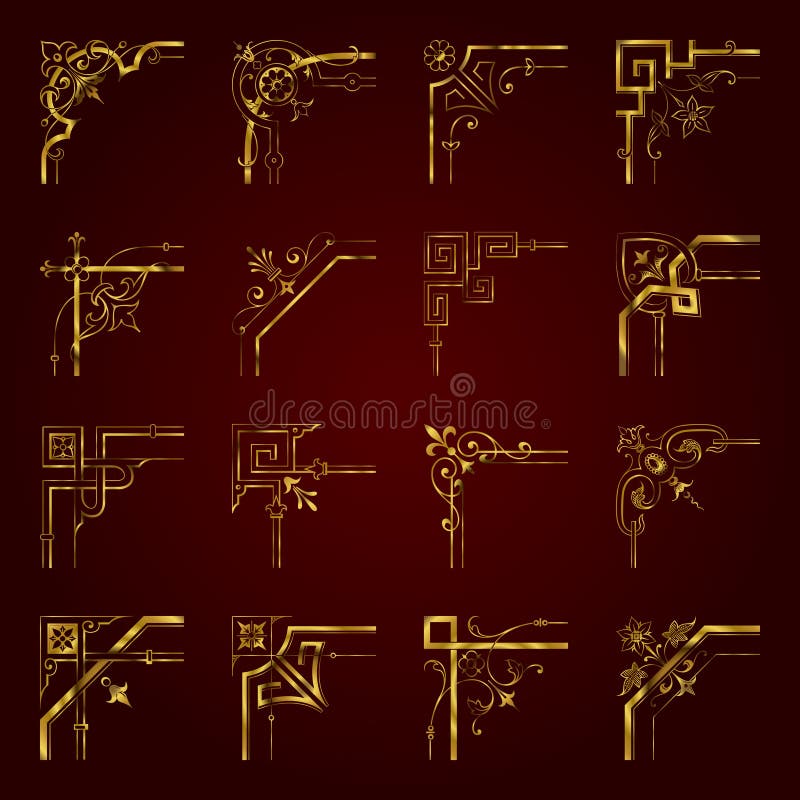 Golden Calligraphic Decorative Corners for Design - Vector Set Stock ...