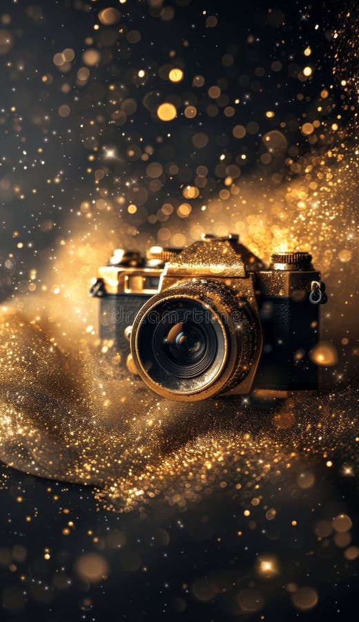 Golden Camera Icon Surrounded by Sparkling Golden Glitters on a Dark ...