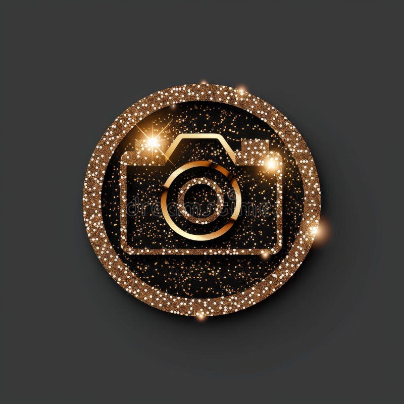 Golden Camera Logo Inside a Circle with Sparkling Golden Particles on ...