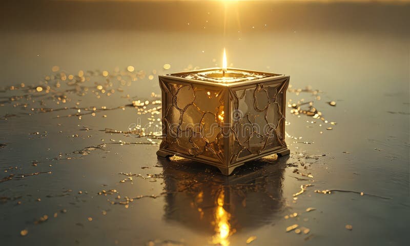 Golden Candle Holder with Lit Candle Sits on Reflective Surface ...