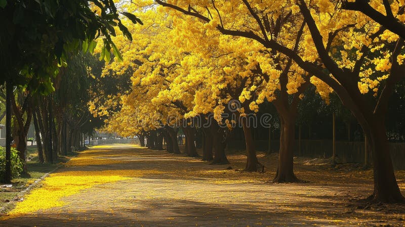 Golden Canopy Avenues of Flowering Trees Cast Light Shadow on ...