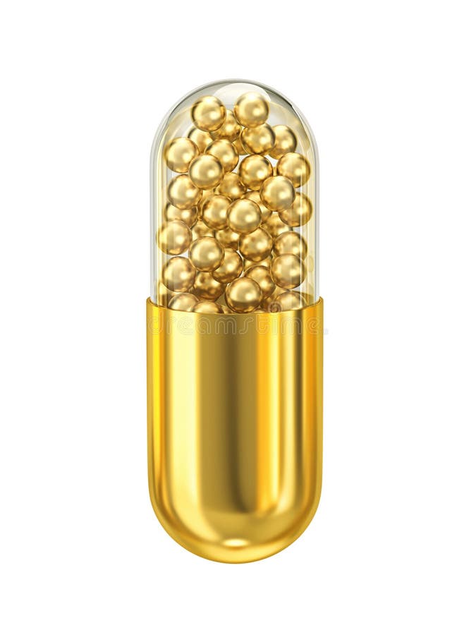 Golden Capsule Pill with Spheres Inside Isolated on White. Clipping ...
