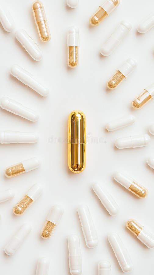 Golden Capsule Surrounded by White Capsules, Creating Striking Visual ...