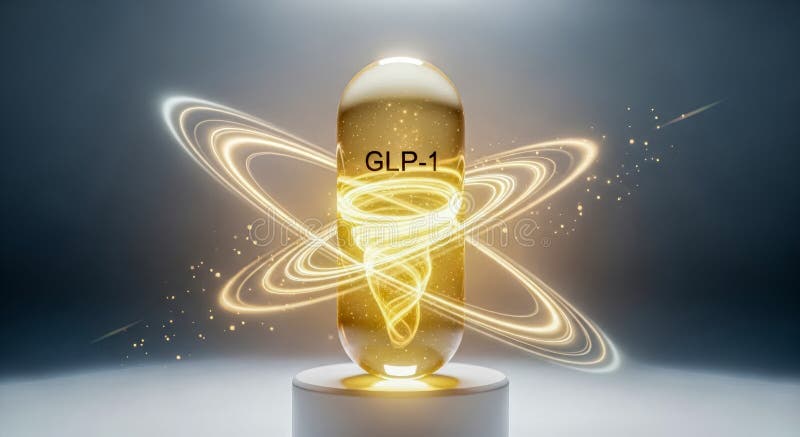 Golden Capsule with Swirling Light Effects Representing GLP-1 in a ...