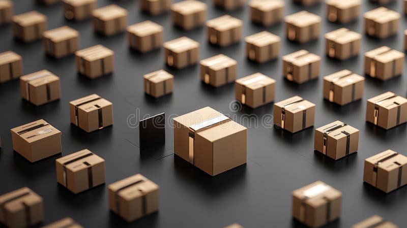 Golden Cardboard Boxes Arranged in a Pattern on Dark Surface Stock ...