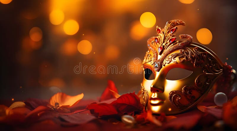 Golden Carnival Mask with Red Leaves on Bokeh Background Stock ...