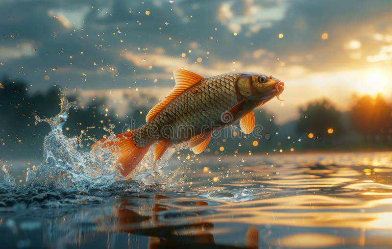 Golden Carp Leaping from the Water at Sunset Stock Photo - Image of ...