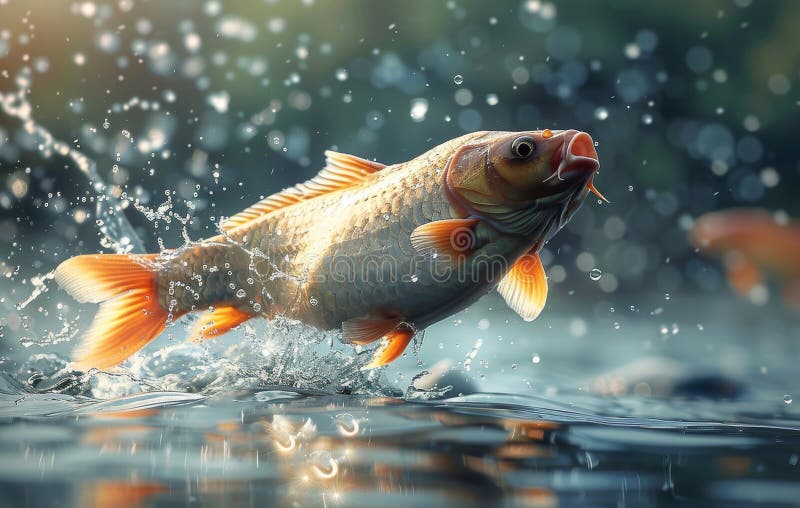 Golden Carp Leaping from the Water at Sunset Stock Photo - Image of ...