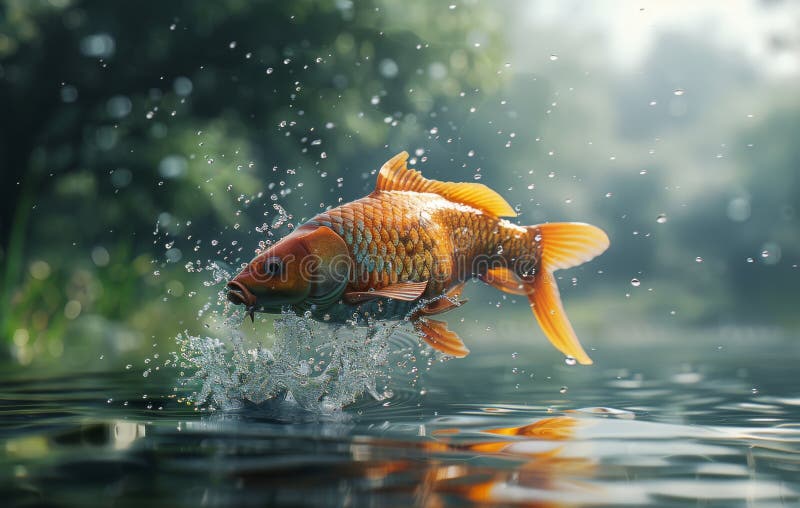 Golden Carp Leaping from the Water at Sunset Stock Photo - Image of ...