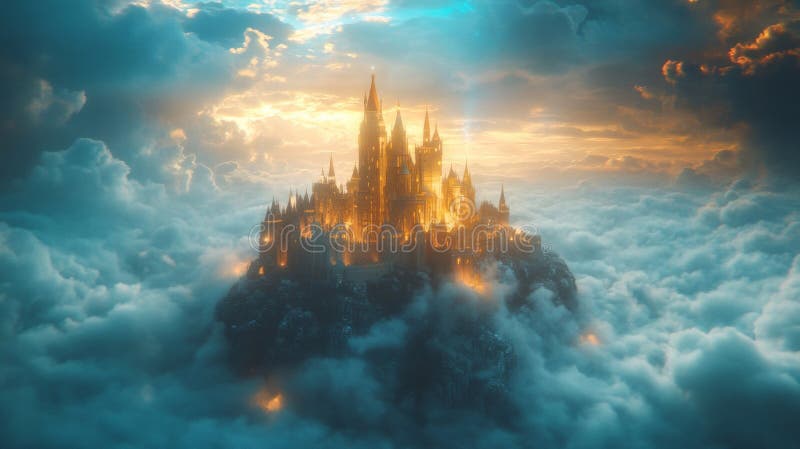 Golden Castle on a Cloud Island at Sunset Stock Illustration ...