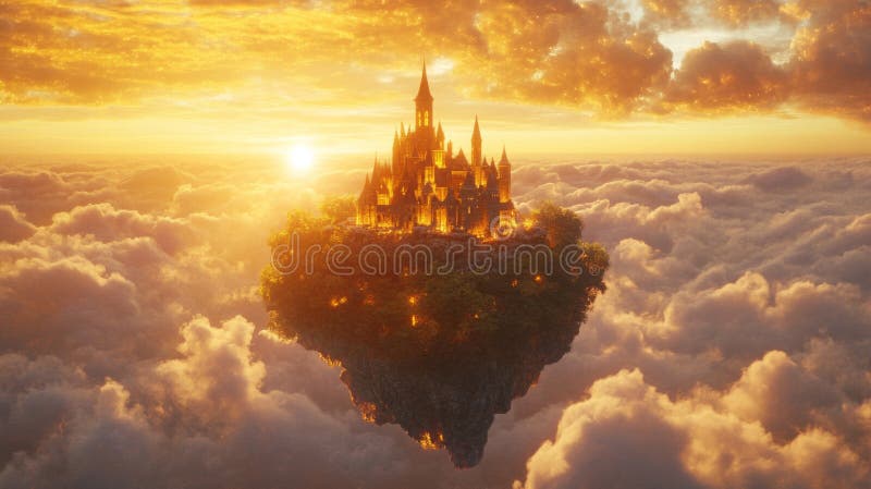 Golden Castle on a Floating Island at Sunset Stock Illustration ...